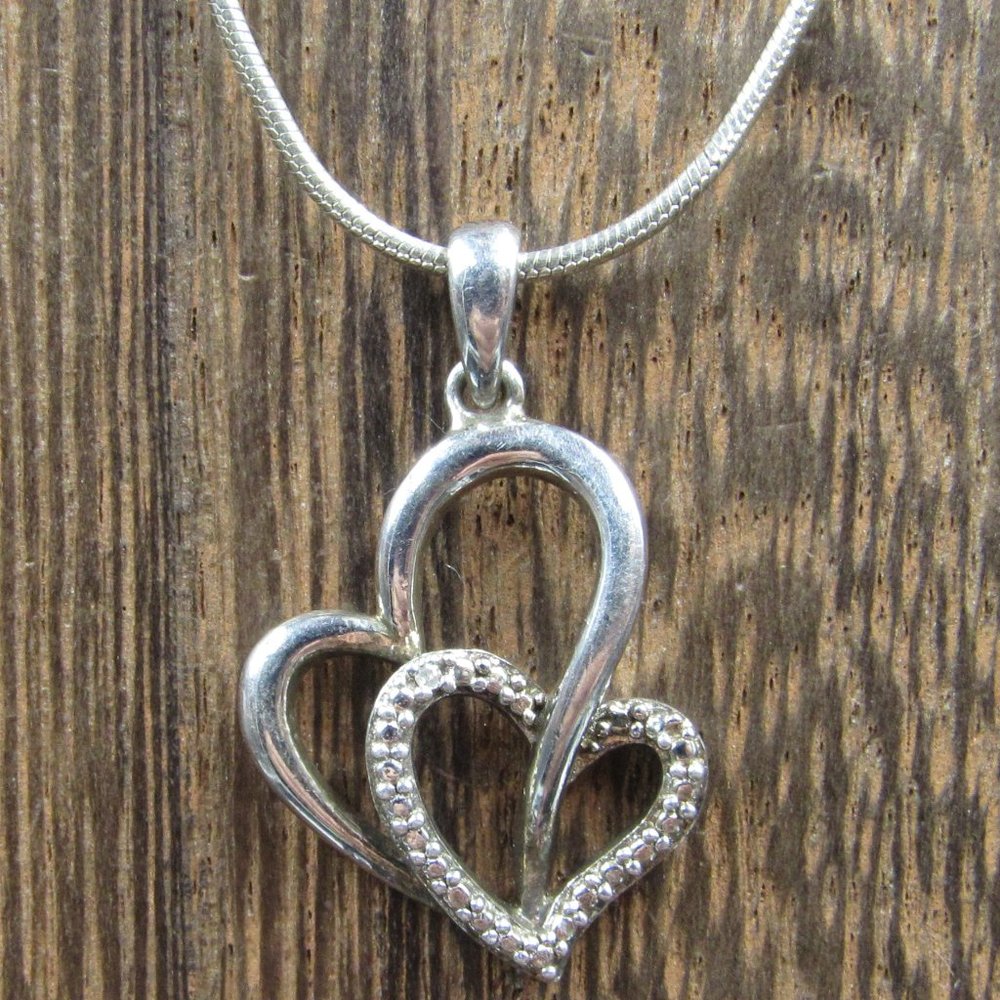 20" Sterling Diamond Chip Double Heart Necklace - Gem